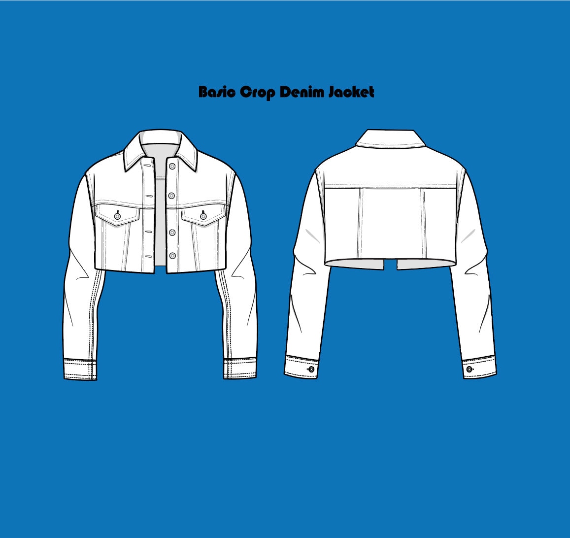 Editable Crop Denim Jacket Flat Sketch: Fashion Design CAD (AI Digital ...