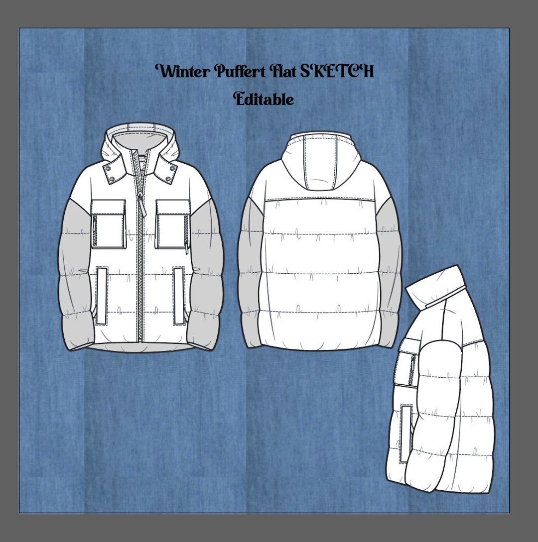 Editable Puffer Jacket, Padded Jacket, Cad, Flat Sketch, Fashion Design ...