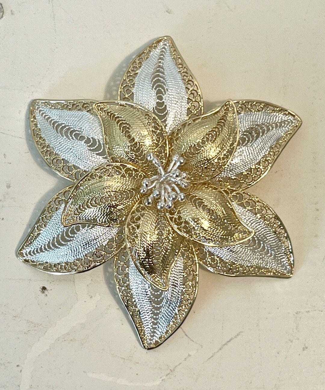 Vintage ASJ Brooch Sterling Silver & Gold Overlay Filigree Large Flower ...