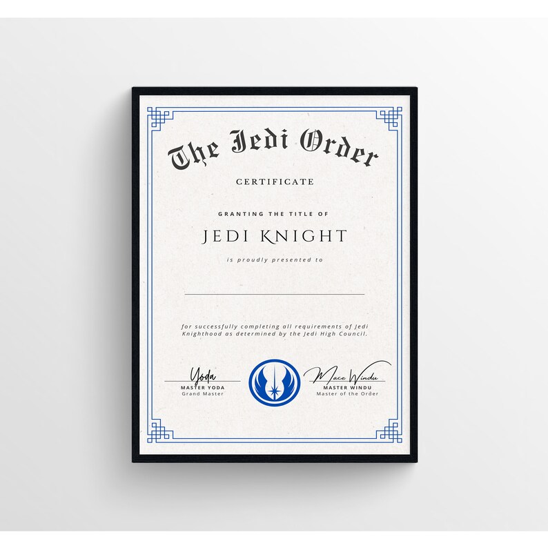 Jedi Knight Certificate Template Star Wars Diploma Customizable Jedi ...