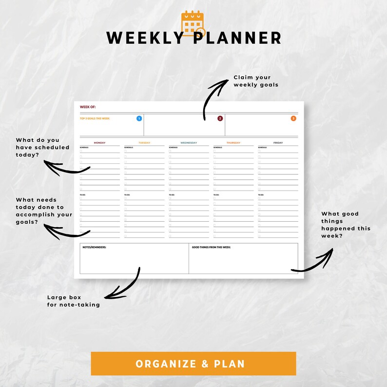 Printable Five-day Weekly Planner Instant Download Monday to Friday ...