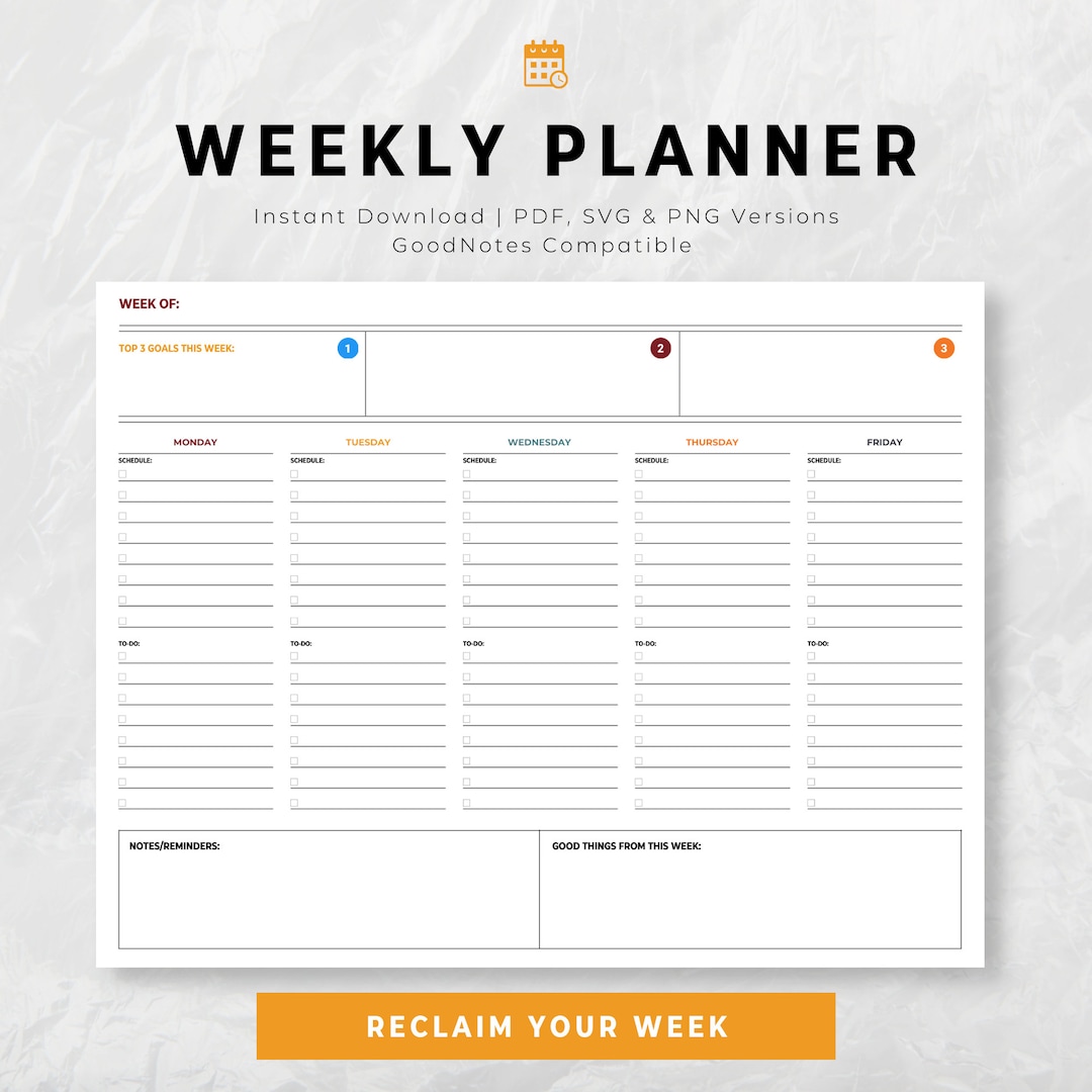 Printable Five-day Weekly Planner - Instant Download - Monday to Friday ...