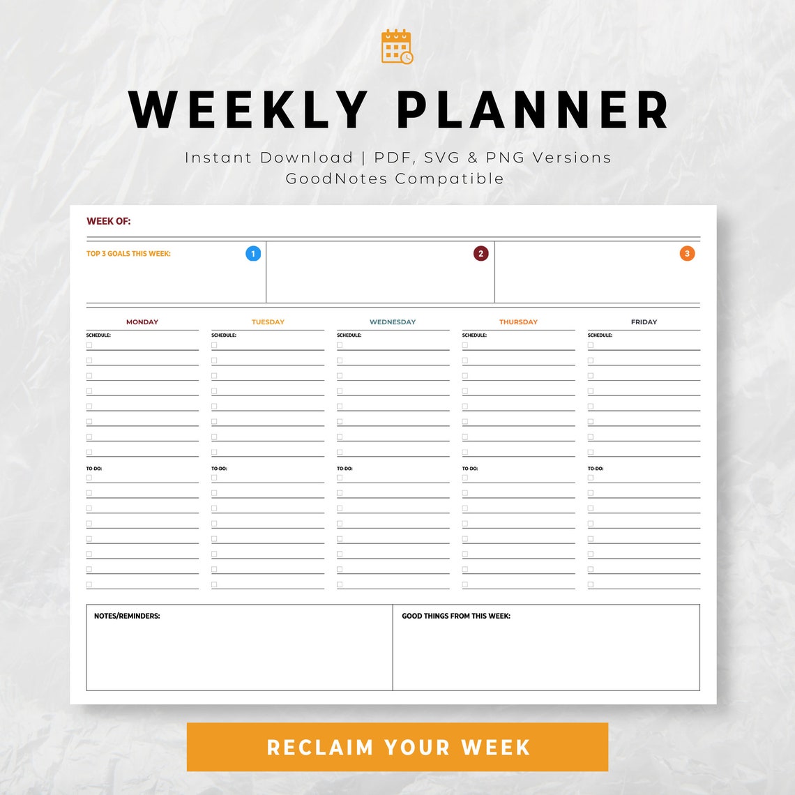 Printable Five-day Weekly Planner Instant Download Monday to Friday ...