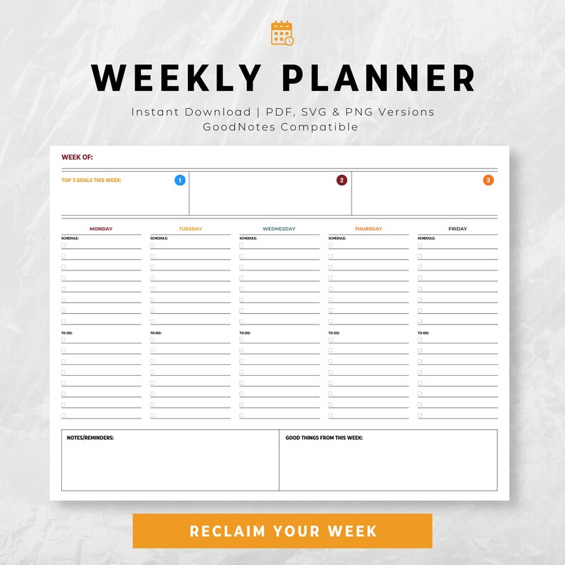 Printable Five-day Weekly Planner Instant Download Monday to Friday ...