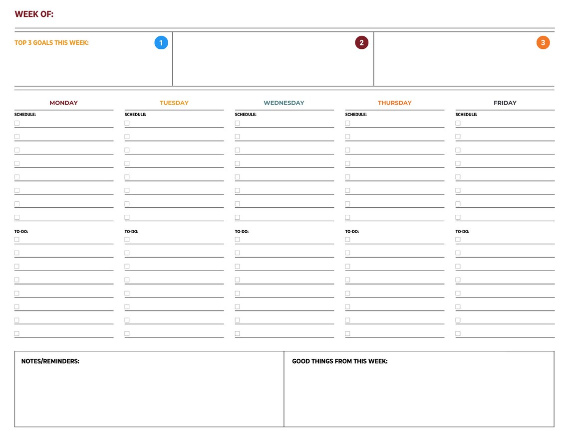 Printable Five-day Weekly Planner Instant Download Monday to Friday ...