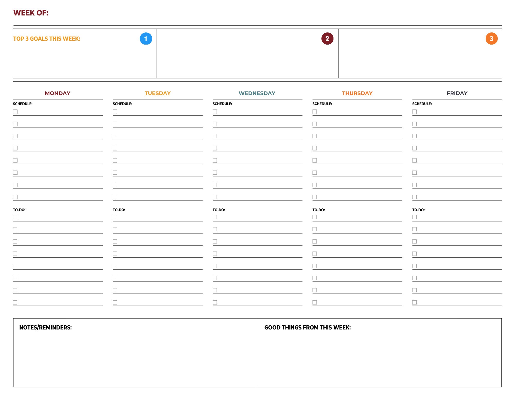Printable Five-day Weekly Planner Instant Download Monday to Friday ...