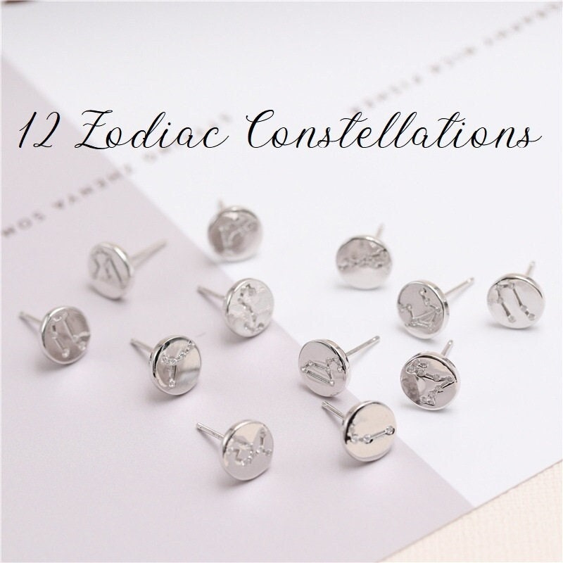Zodiac Signs Studs Constellation Sterling Silver Earrings White Gold ...