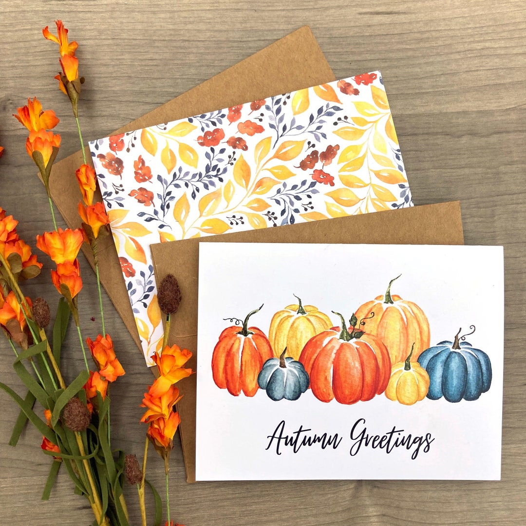 Fall Card Variety Set, Watercolor Pumpkins and Fall Leaves, Autumn ...