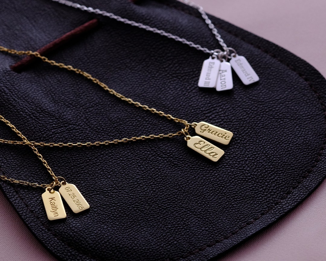 14k Solid Gold Bar Tag Necklace, Personalized Name Tag Initials ...