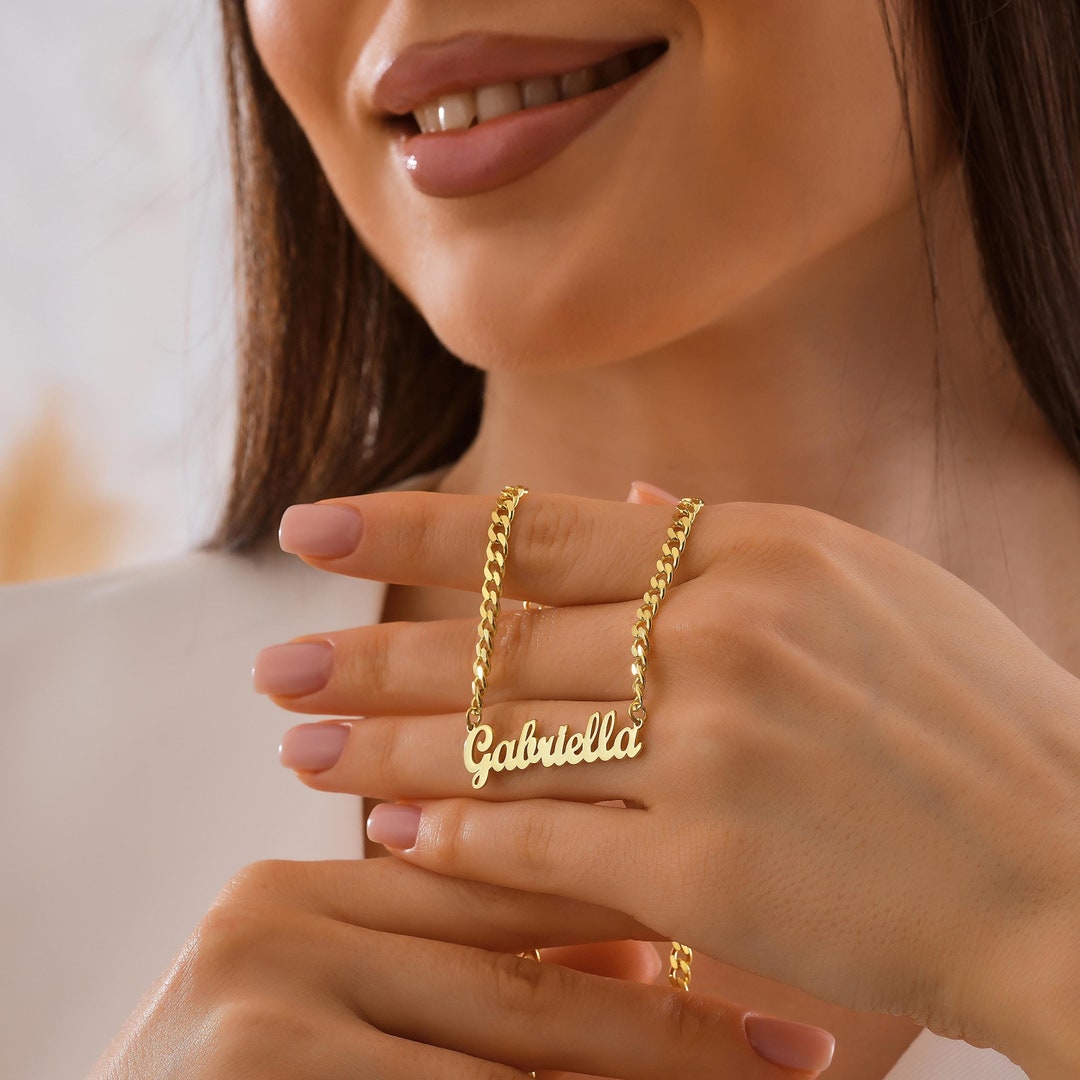 14k Gold Name Necklace With Curb Chain for Women, Personalized Gift ...