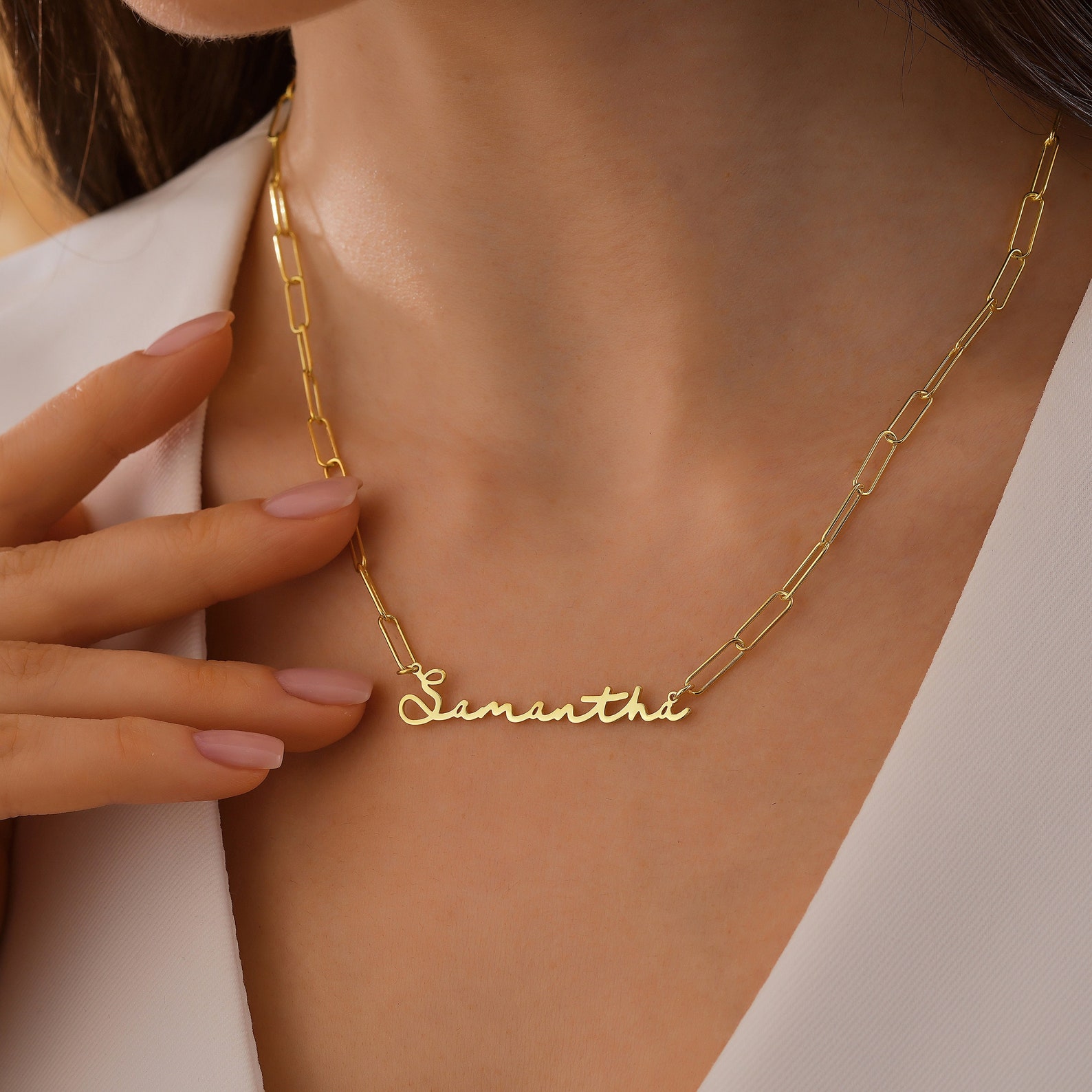 14K Gold Personalized Name Necklace With Paperclip Chain, Custom Name ...