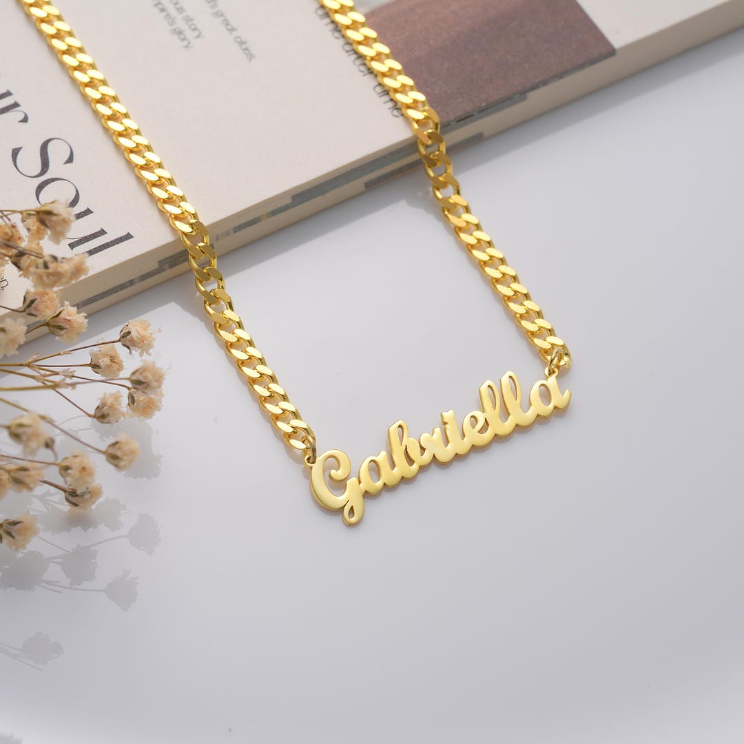 14k Gold Name Necklace With Curb Chain for Women, Mothers Day Gift ...