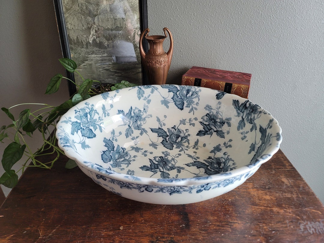 Antique Floral Furnivals Staffordshire England Blue and White Large ...