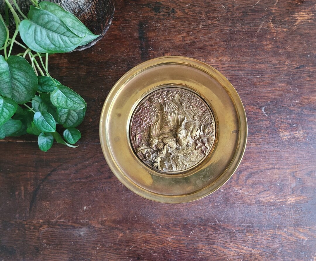 Vintage Brass Pedestal Tray With Sculptural Scenery With Rabbits - Etsy