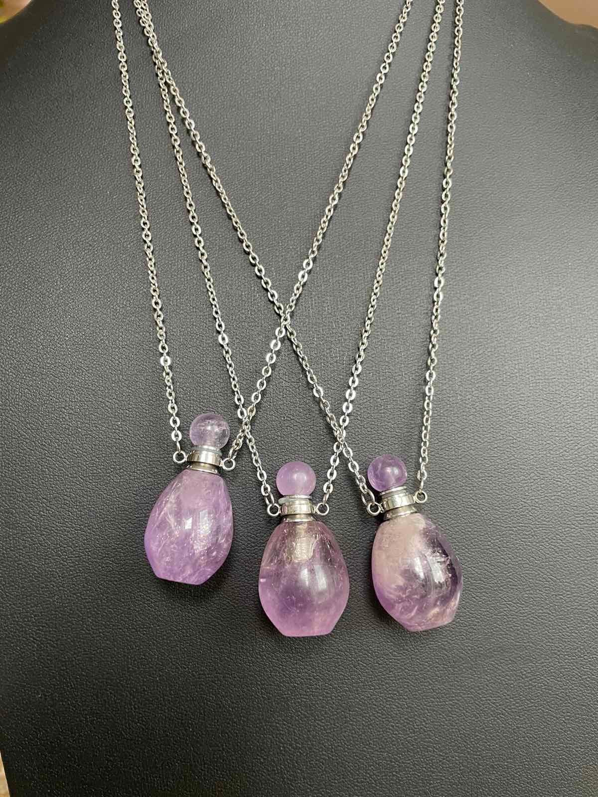Amethyst Gemstone Perfume Bottle Essential Oil Necklace Pendant Silver ...