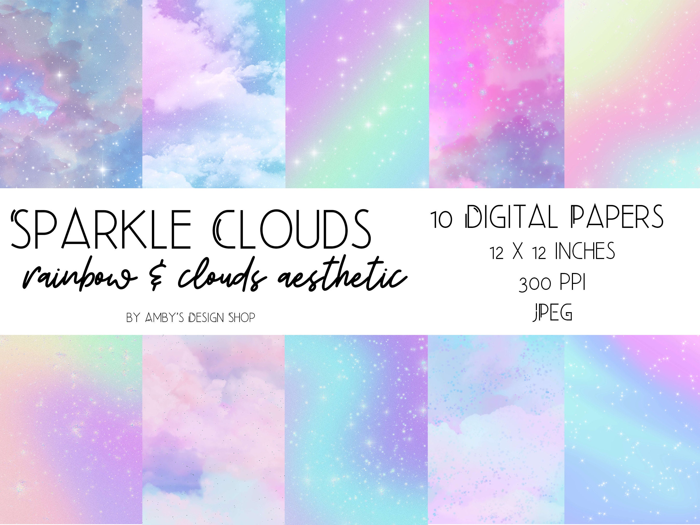 Sparkle Rainbow Clouds Digital Paper / Pastel Aesthetic Digital ...