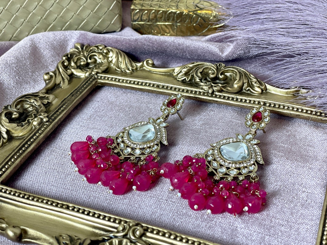 Magenta Indian Earrings Hot Pink Kundan Jewellery Sangeet Jewellery ...