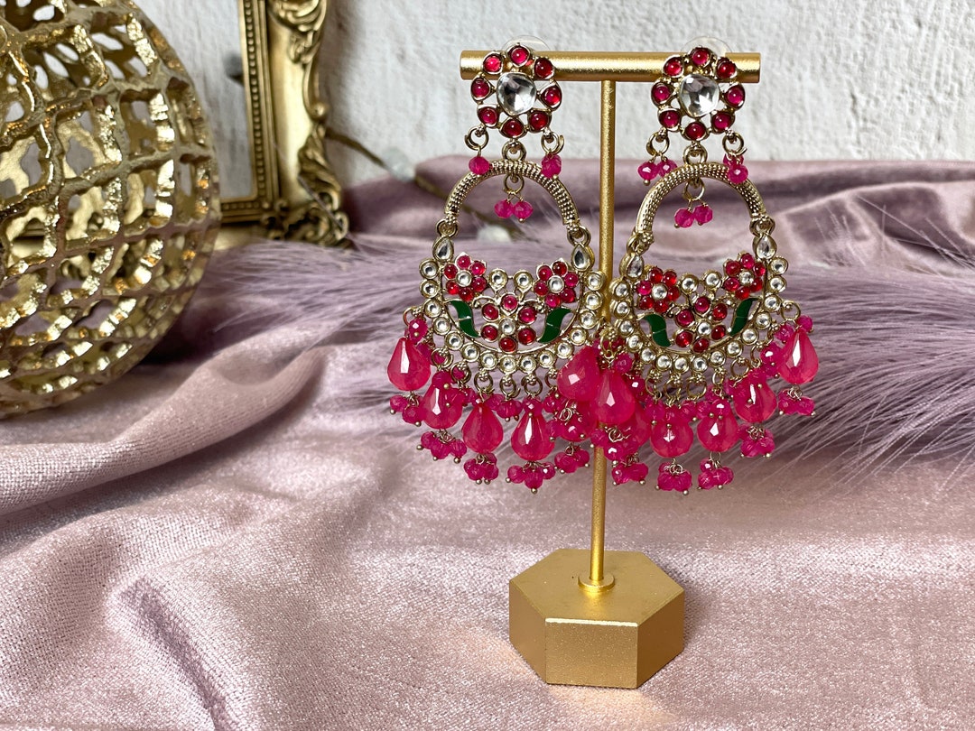 Indian Earrings Magenta Kundan Earrings Floral Jhumkas Sangeet Earrings ...