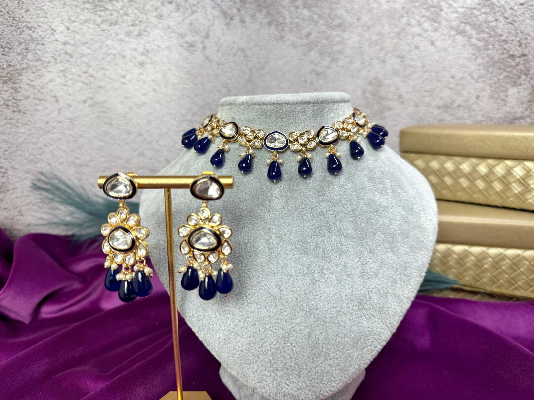 Navy Blue Kundan Choker Gold Indian Jewellery Thin Choker Polki Choker ...