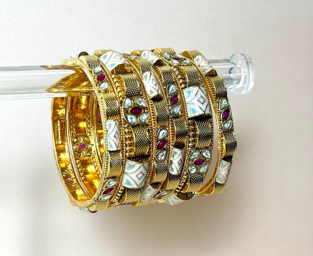 SET OF 6 Indian Kadas Gold and Magenta Uncut Kundan Bangles Meenakari Polki Kadas Jewellery ...