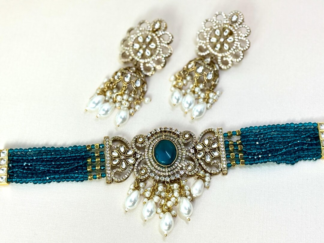 Indian Teal Choker Blue Necklace Set Fancy Choker Trendy Bollywood Set ...