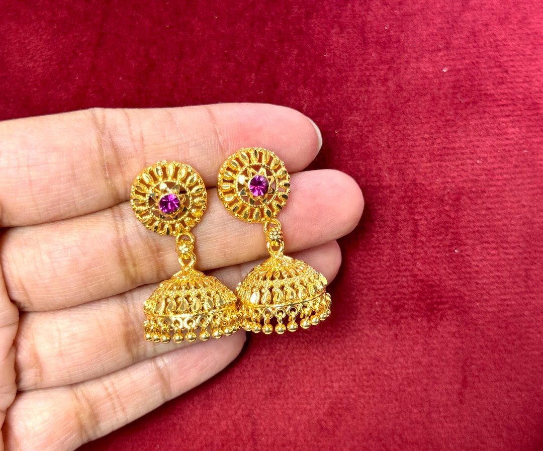 Gold Mini Jhumka Magenta Gold Bali Plated Jhumkas 24 Karat Imitation ...