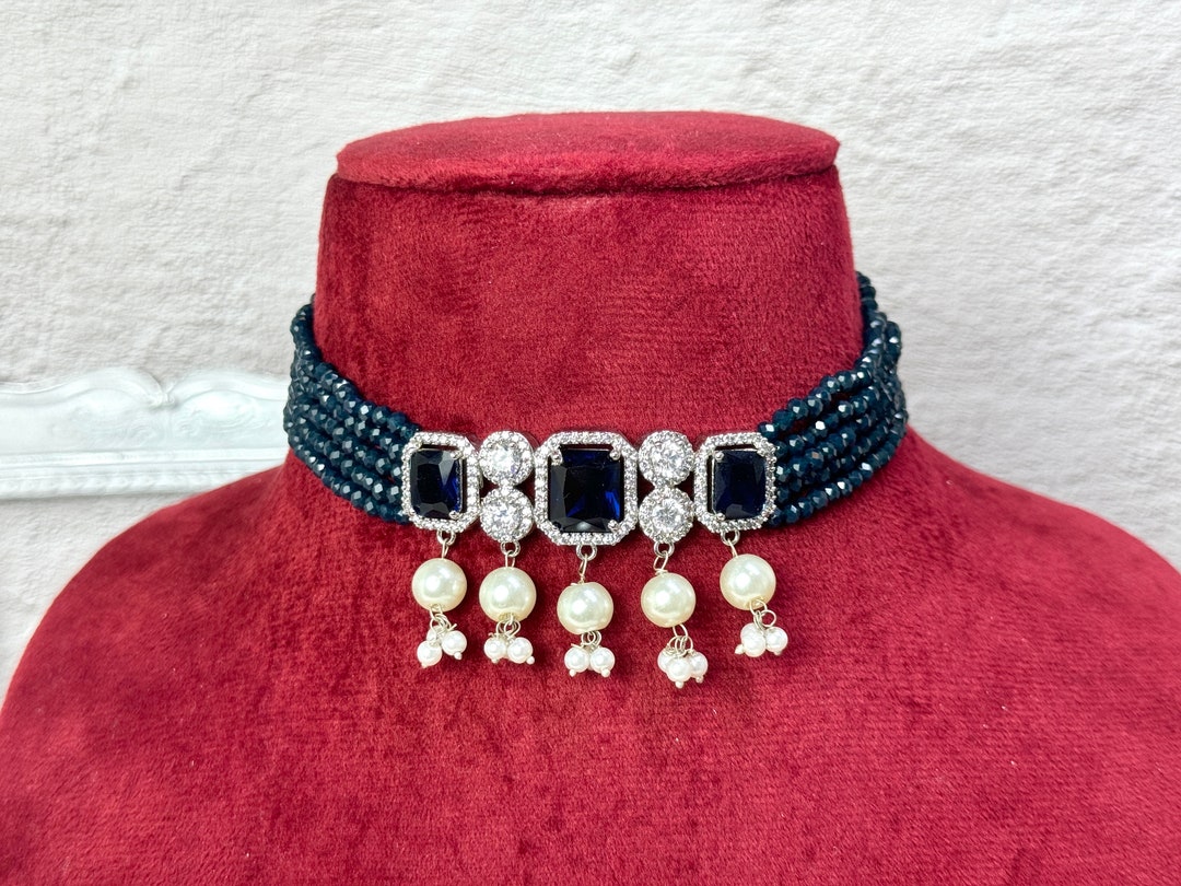 NECKLACE ONLY Navy Blue Indian Choker AD Blue Choker Classic Indian ...