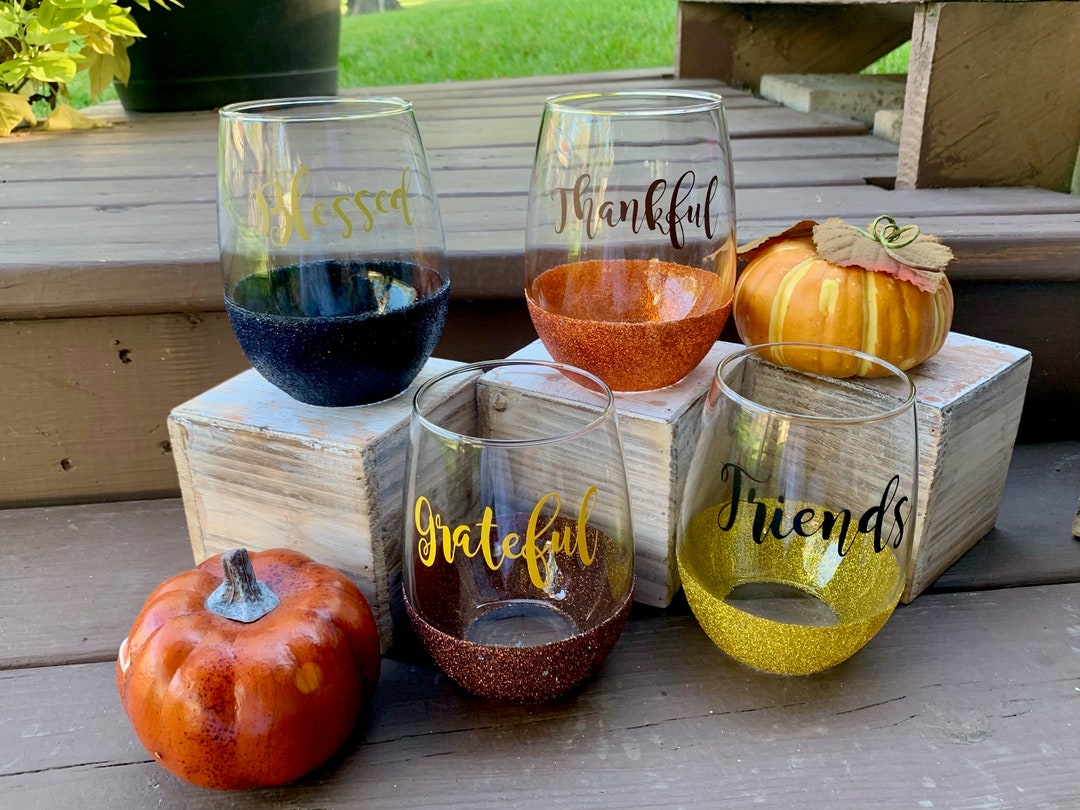 Fall Glitter Wine Glasses- Thanksgiving Glasses, Autumn Decor, Table ...
