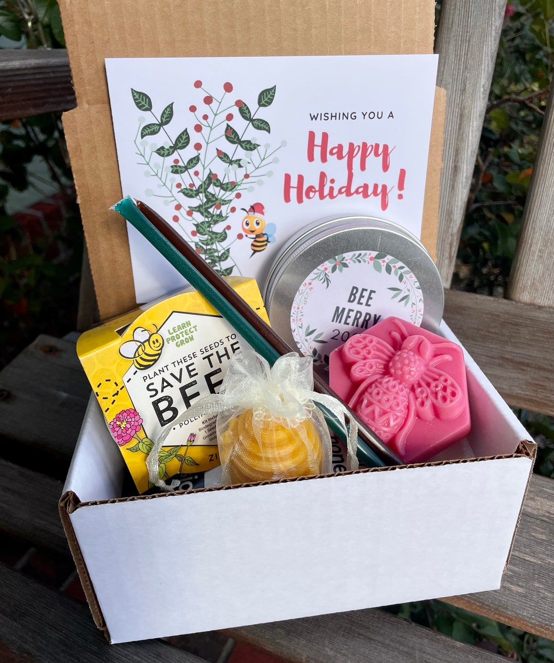 Happy Holidays Gift Box, Christmas Honey Bee Gift Basket, Bee Lover ...