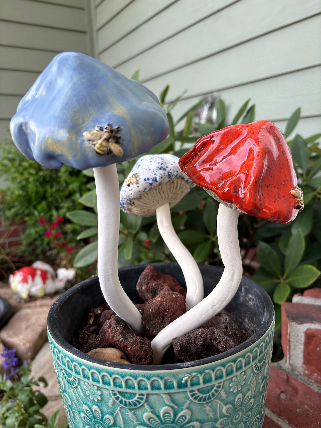 Ceramic Mushroom Stakes, Garden Pot Decor, Flower Pot Mushrooms, Hand ...