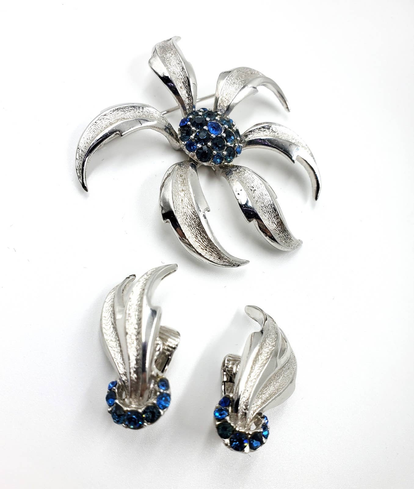 Vintage Marcel Boucher Blue Crystal Starburst Floral Brooch & Earrings ...