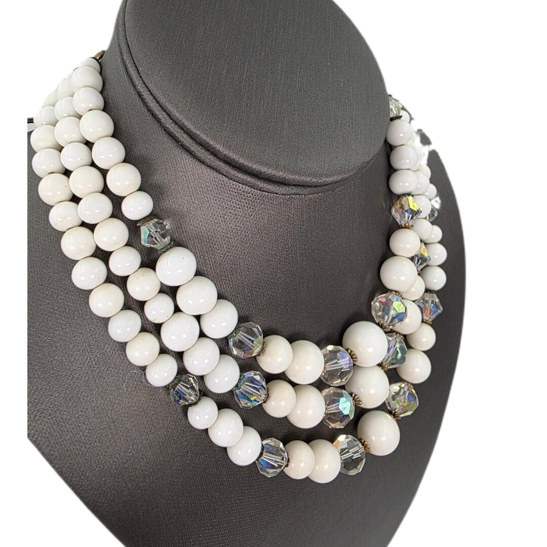 Vintage Laguna White and AB Bead Triple Strand Choker Necklace 1950s - Etsy