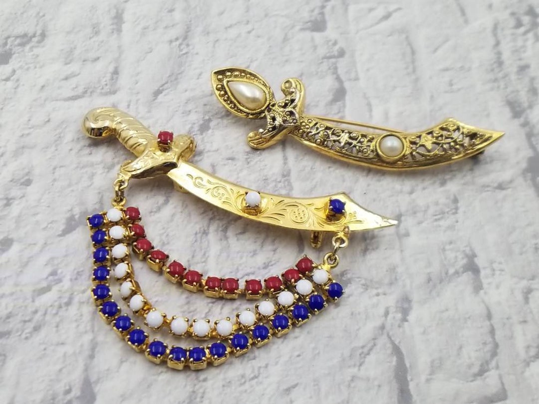 Vintage Sword Brooches – Two Masonic Pins - Scimitar Sword Jewelry Lot ...