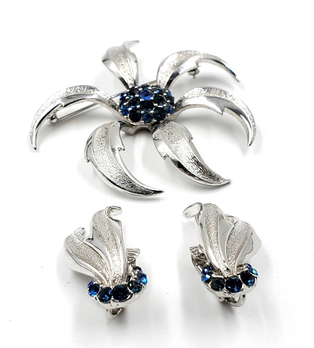 Vintage Marcel Boucher Blue Crystal Starburst Floral Brooch & Earrings ...
