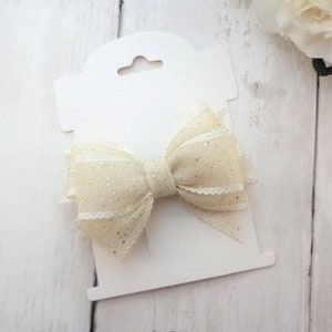 Cream Organza Hair Bow, Sparkle Mesh Ribbon Hair Bow, Sheer Ribbon Hair ...