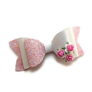 Pink Flower Embellished Hair Bow, Pink Glitter Bow - Etsy