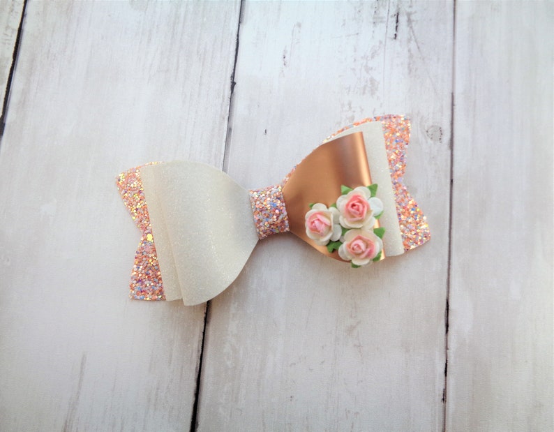 Rose Gold Glittery Hair Bow, Flower Embellished Layered Bow - Etsy
