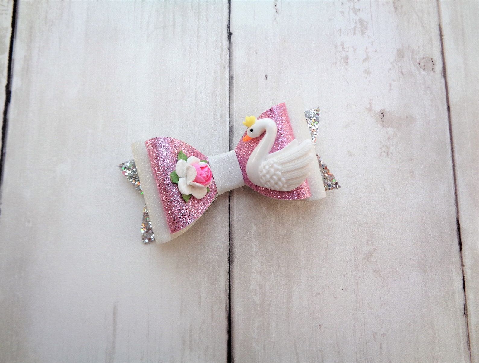 Swan Princess Hair Bow, Pink Flower Embellished Bow, Pink Shimmer Bow ...