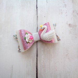 Swan Princess Hair Bow, Pink Flower Embellished Bow, Pink Shimmer Bow ...