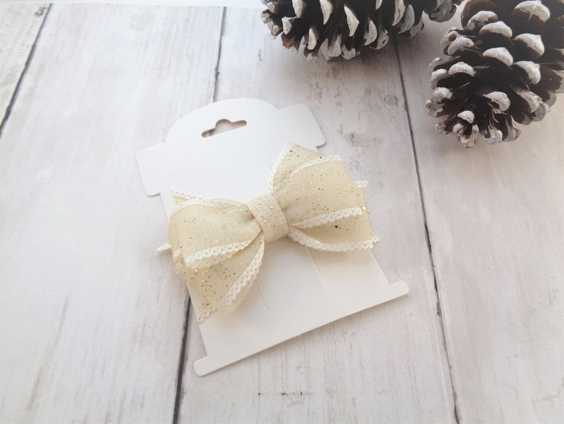Cream Organza Hair Bow, Sparkle Mesh Ribbon Hair Bow, Sheer Ribbon Hair ...