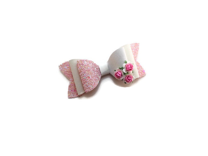 Pink Flower Embellished Hair Bow, Pink Glitter Bow - Etsy