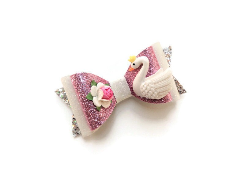 Swan Princess Hair Bow, Pink Flower Embellished Bow, Pink Shimmer Bow ...