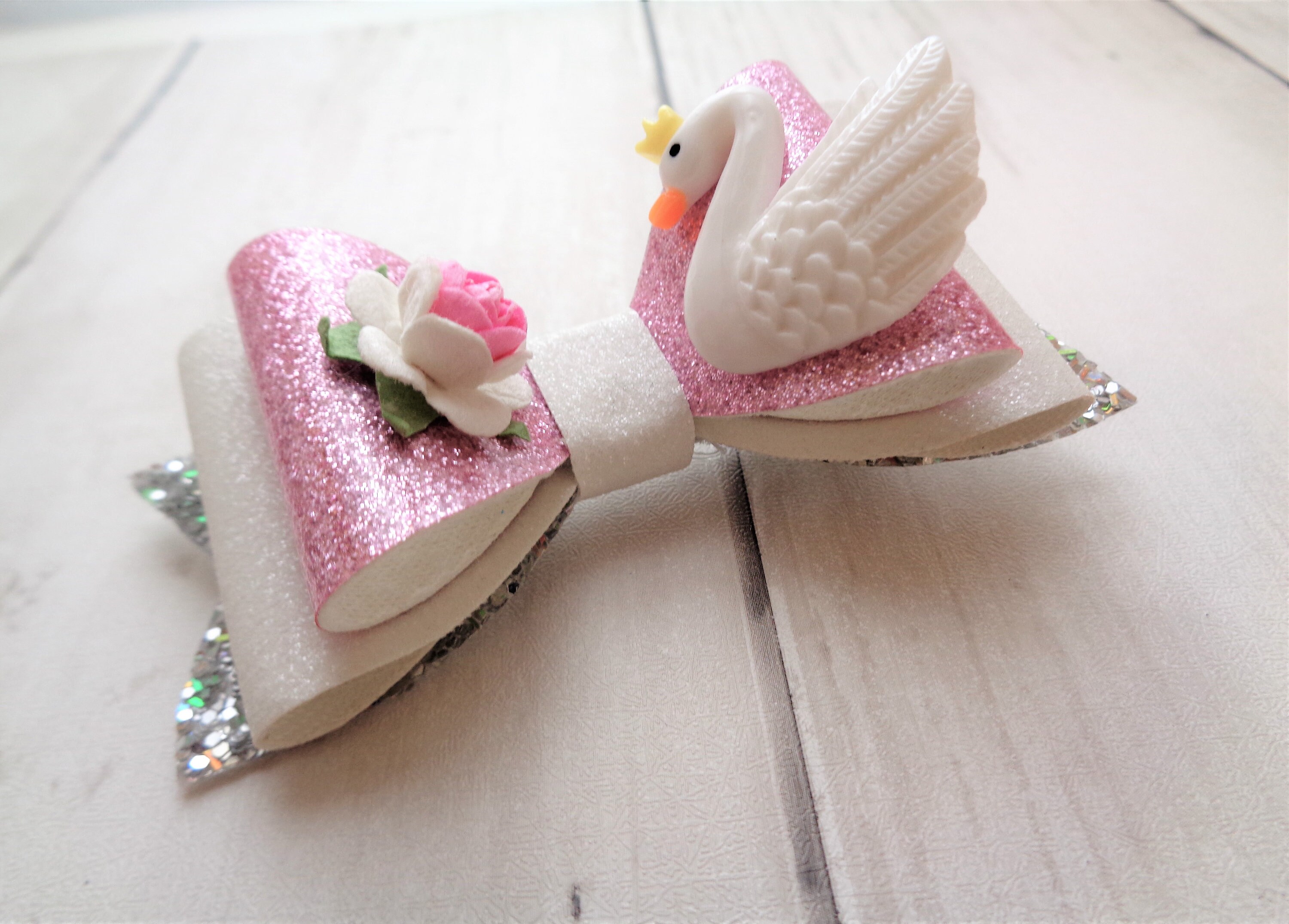 Swan Princess Hair Bow, Pink Flower Embellished Bow, Pink Shimmer Bow ...