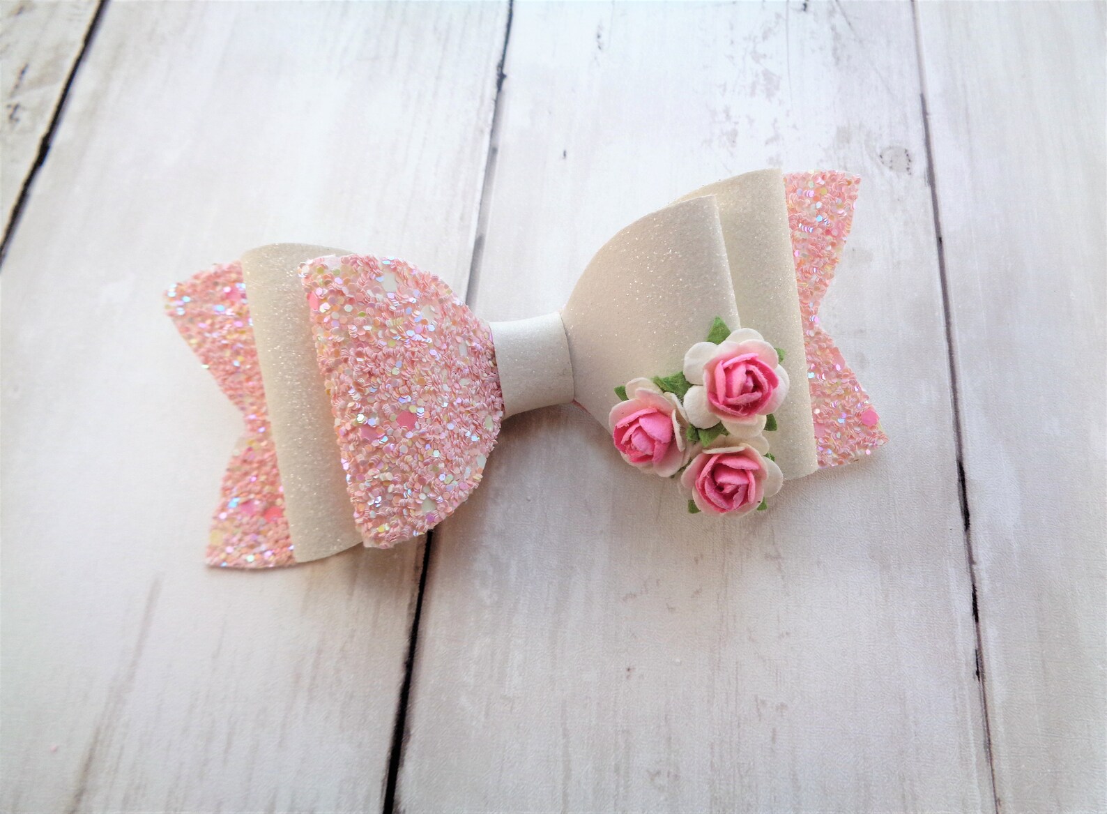 Pink Flower Embellished Hair Bow, Pink Glitter Bow - Etsy