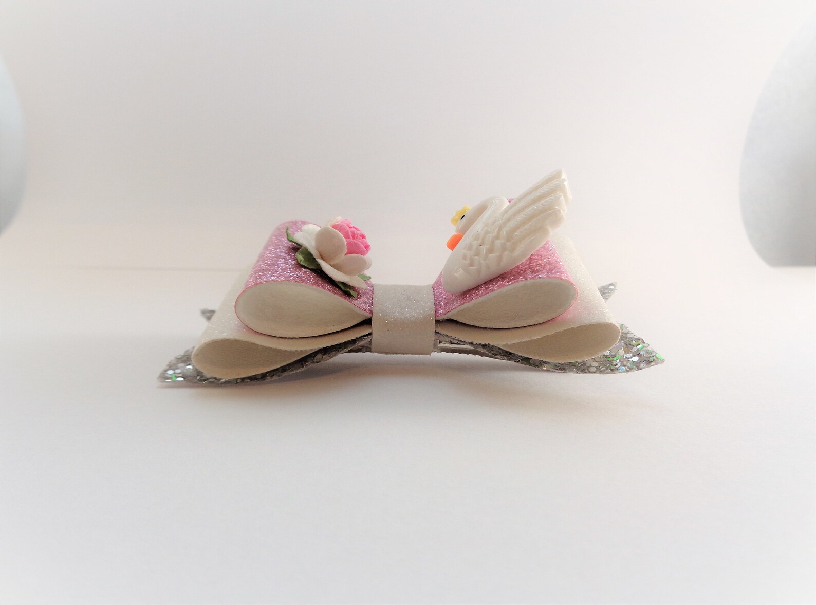 Swan Princess Hair Bow, Pink Flower Embellished Bow, Pink Shimmer Bow ...