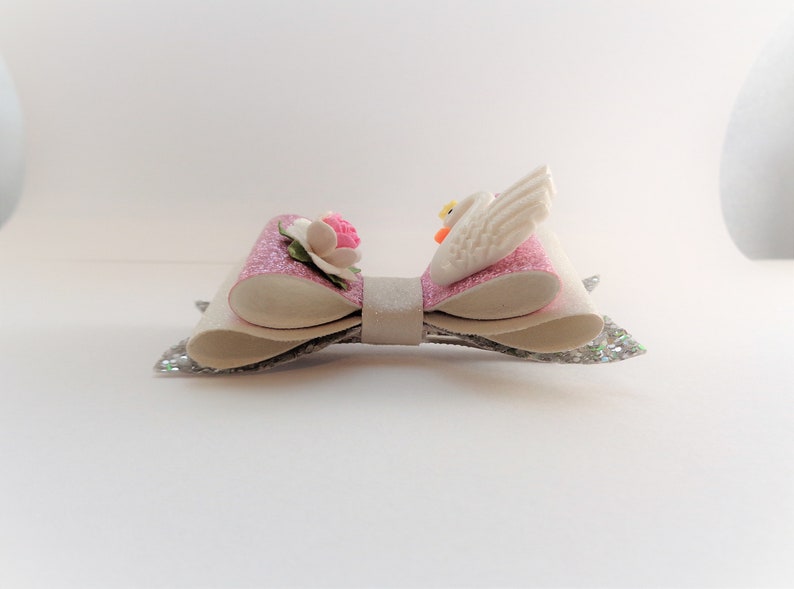Swan Princess Hair Bow, Pink Flower Embellished Bow, Pink Shimmer Bow ...