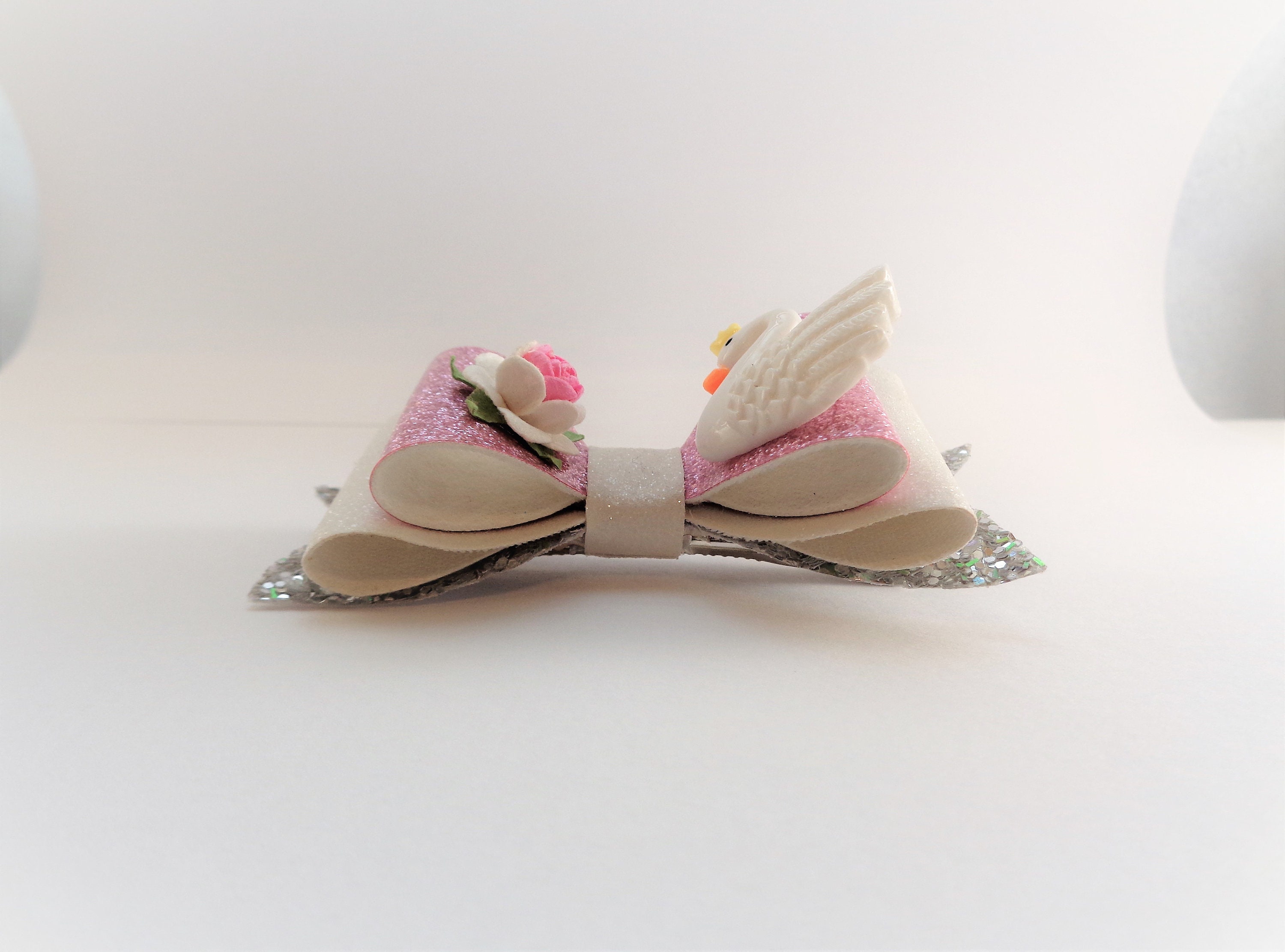 Swan Princess Hair Bow, Pink Flower Embellished Bow, Pink Shimmer Bow ...