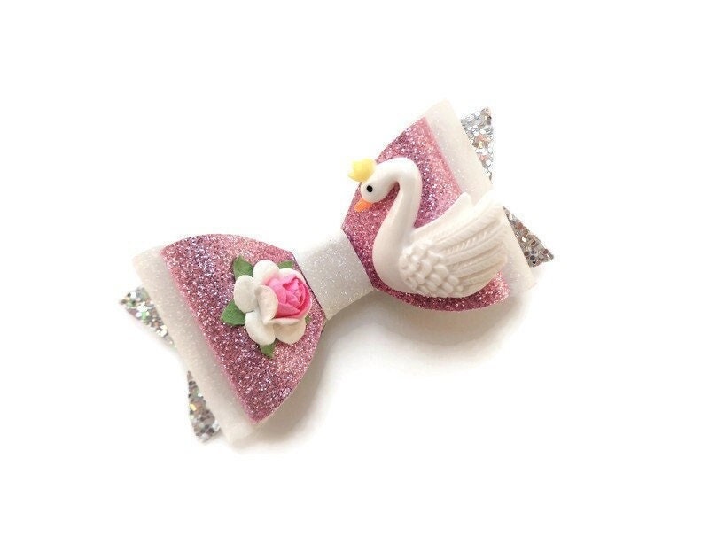Swan Princess Hair Bow, Pink Flower Embellished Bow, Pink Shimmer Bow ...