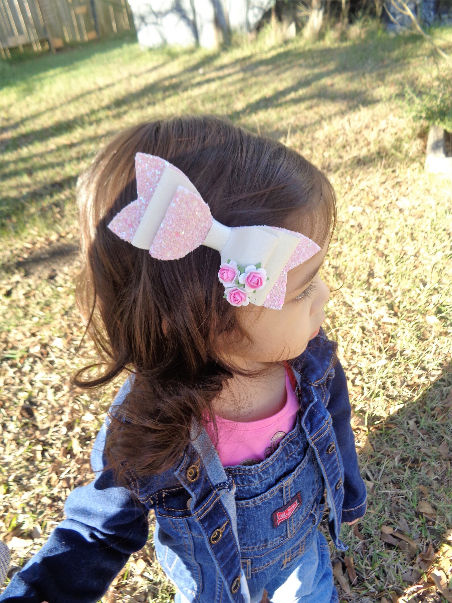 Pink Flower Embellished Hair Bow, Pink Glitter Bow - Etsy