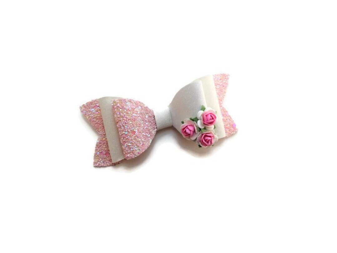 Pink Flower Embellished Hair Bow, Pink Glitter Bow - Etsy